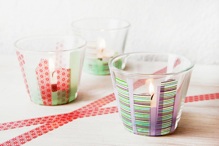 Three Tealights In Small Glasses Decorated With Masking Tape Photograph By Sabine Löscher Fine