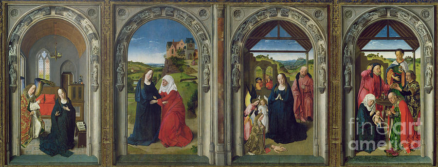Triptych Showing The Annunciation, The Visitation, The Adoration Of The Angels And The Adoration ...