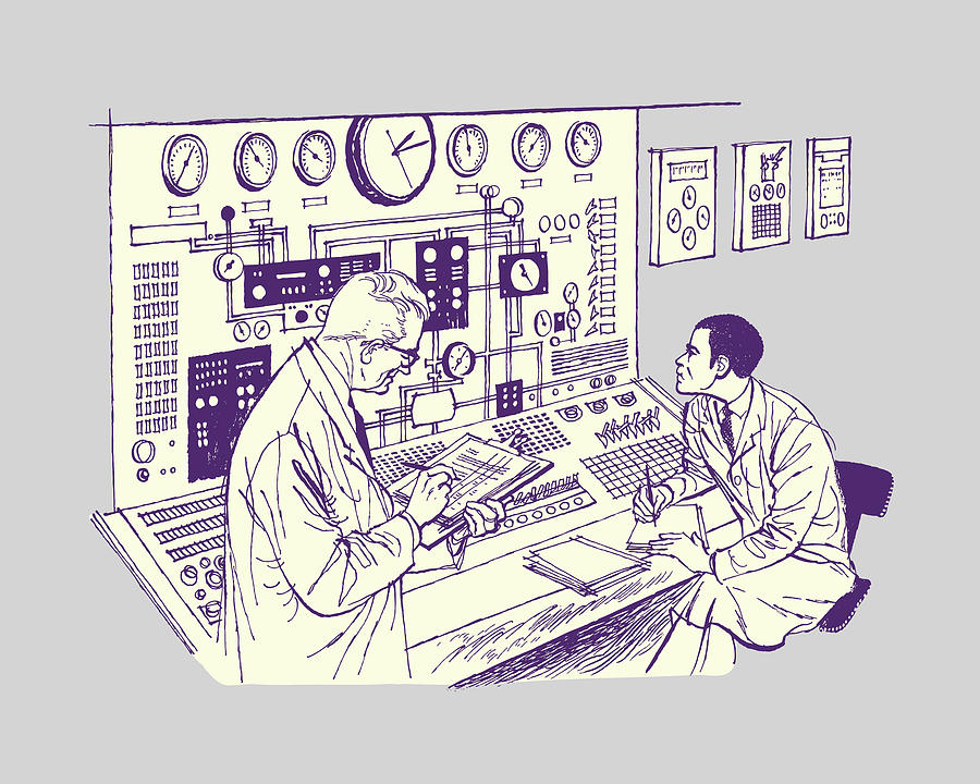 Two working scientist with complicated computer Drawing by CSA Images ...