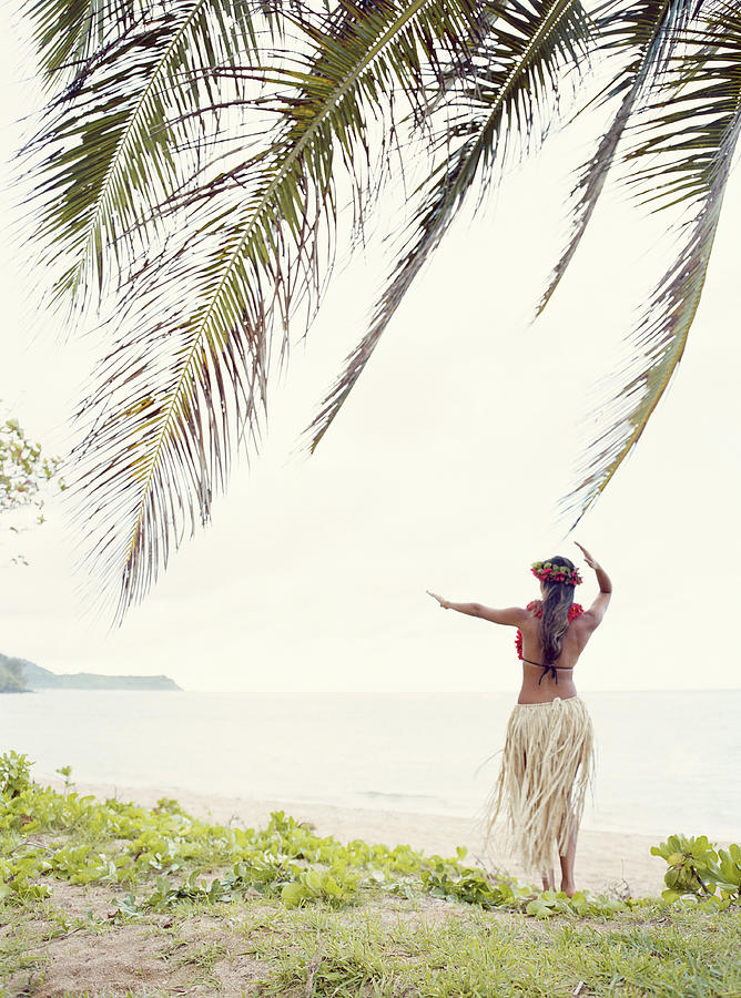 Woman Wearing Grass Skirt Doing Hula By Steven Lam