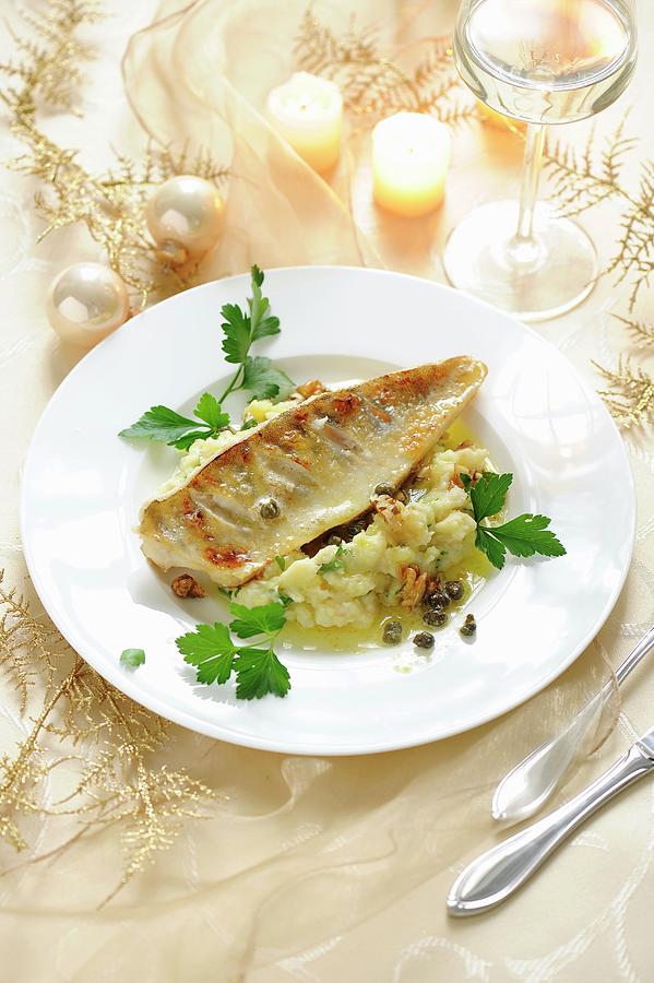 Zander Fillet With A Caper Sauce And Mashed Potatoes For Christmas ...