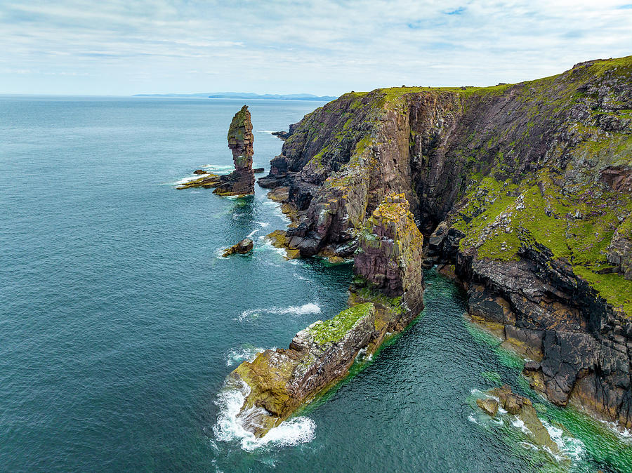 Aerial view from drone of the Old Man of Stoer sea stack at Point of ...