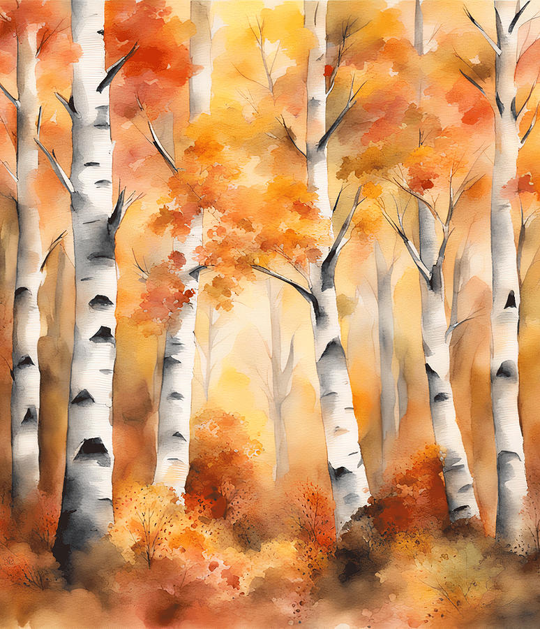 Birch Trees Fall Autumn Watercolor Painting #1 Painting by Mounir ...