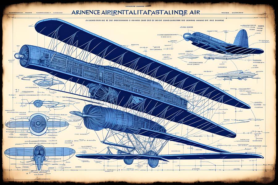 Blueprint of Ancient Airplane, Generative AI Illustration Digital Art by Miroslav Nemecek - Fine ...