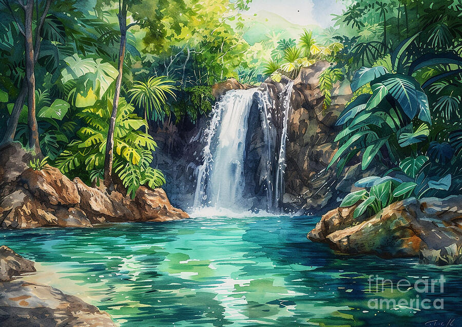 Majestic Waterfall in a Tropical Paradise A towering waterfall plunging into a crystal-clear ...