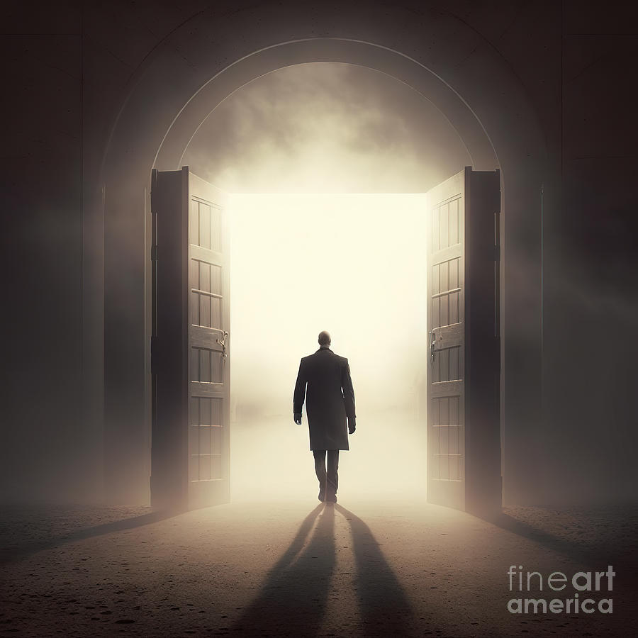 Man walking through the door to light.. Generative ai Photograph by Michal Bednarek - Pixels