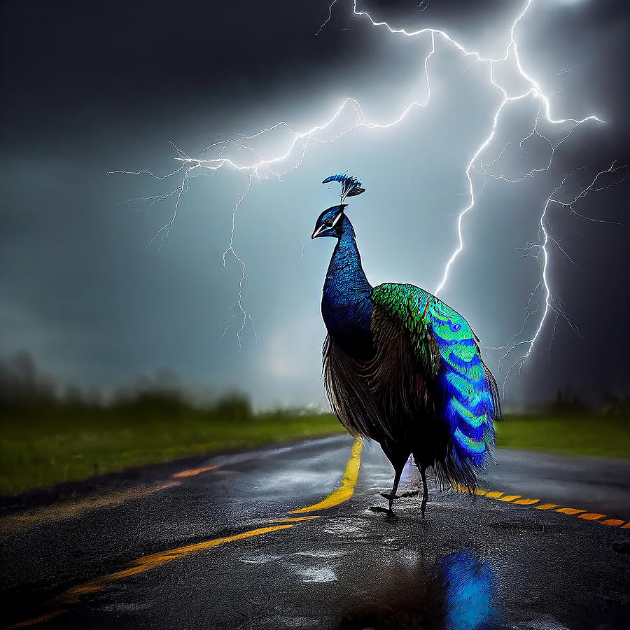 Peacock Standing On The Road In Rain And Thunder Illustration Ar