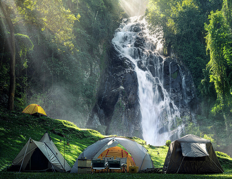Tent and camping with Mae Tia waterfall Photograph by Anek Suwannaphoom - Fine Art America