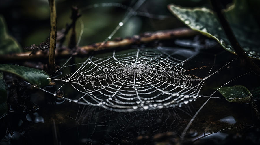 The geometric patterns of a spider web covered in morning dew Digital ...