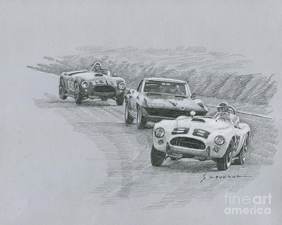 1963 Riverside International Raceway #98 AC Cobra Miles leads #6 Corvett #198 AC Cobra Drawing ...