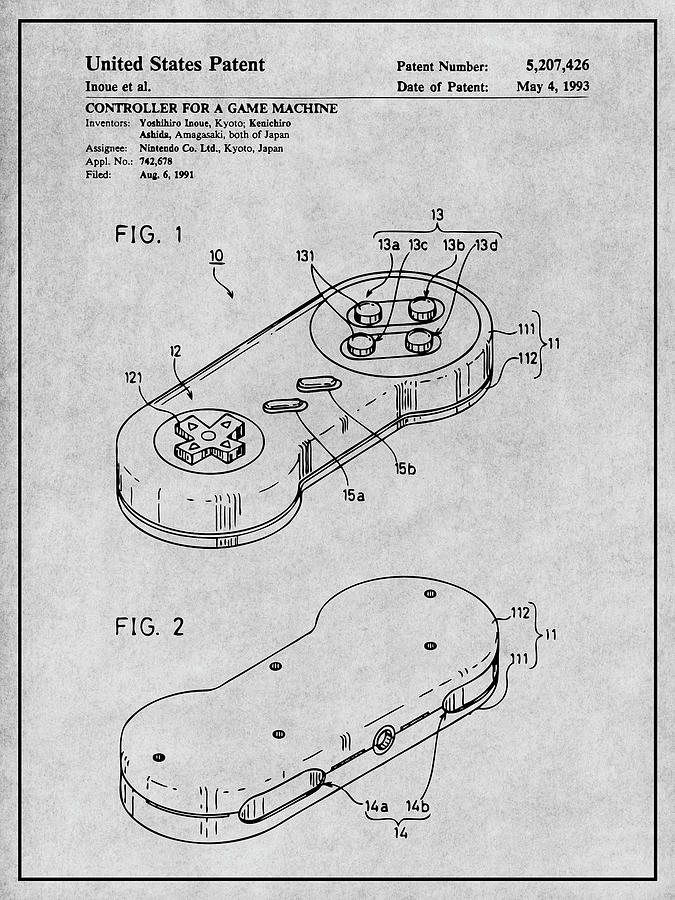 1991 Super Nintendo Controller Patent Print Gray Drawing by Greg ...