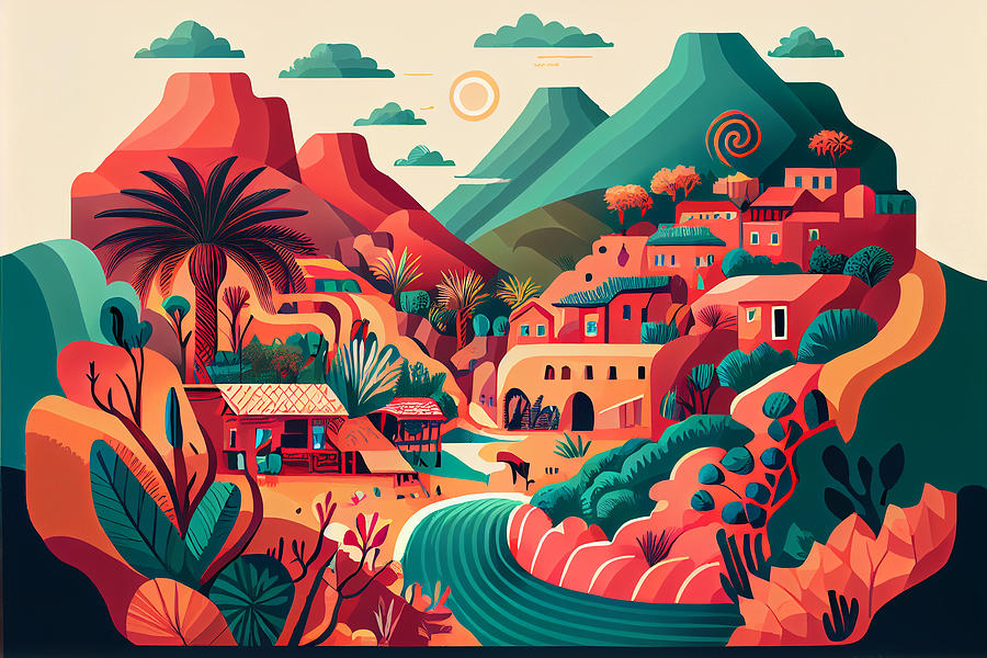 Aztec style landscape and village rolling hills by Asar Studios ...