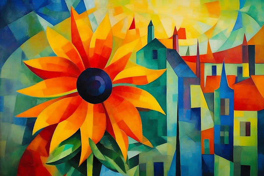 Cubist Sunflower Symphony- Abstracted Blooms in Harmonious Abstraction Digital Art by OlfactoArt ...