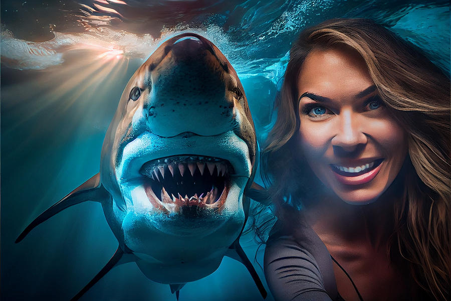 gopro selfie of beautiful woman with a shark un by Asar Studios Painting by Celestial Images ...