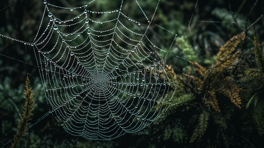 The geometric patterns of a spider web covered in morning dew Digital ...