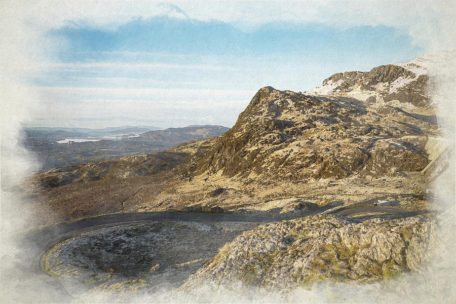 Stwlan Dam and the Moelwyn mountains digital watercolor painting. Photograph by Rob Thorley ...