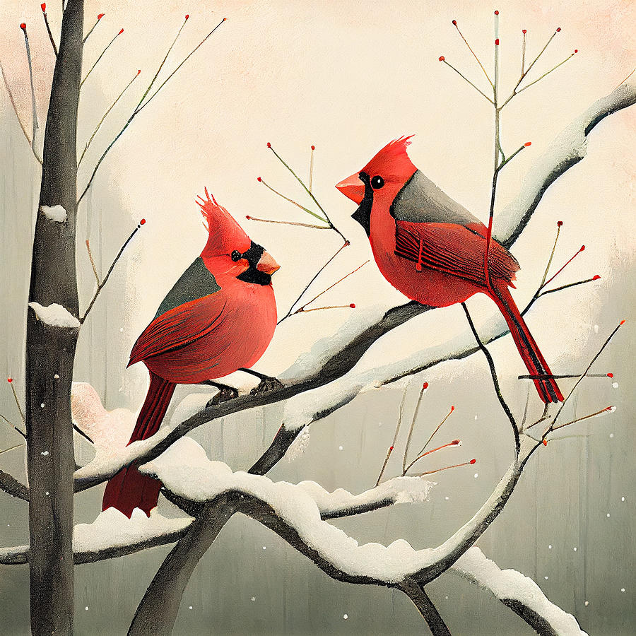 two scarlet Cardinals singing on a tree branch by Asar Studios Digital ...