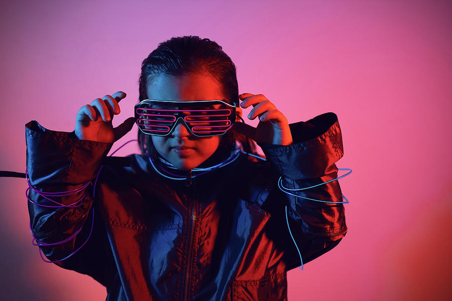 Portrait Cyberpunk Boy Child In Neon Glasses In Blue And Red Tones With ...