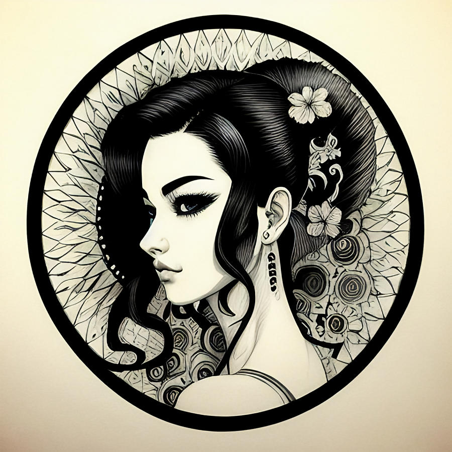 Profile Portrait Of Irezumi Woman In Circle Digital Art By Ellen Davis