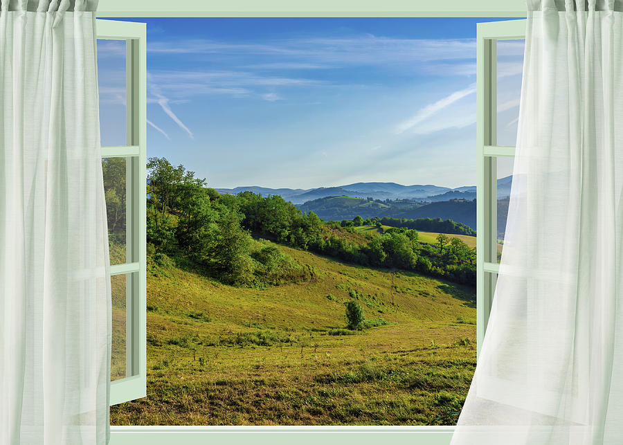 Open window to a green landscape on the Camino de Santiago Frances ...