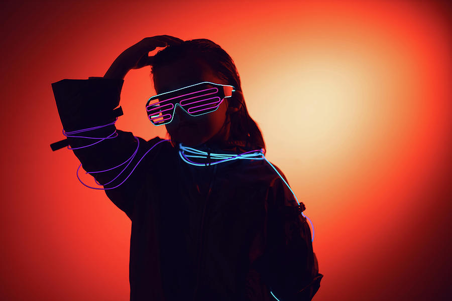 Portrait Cyberpunk Boy Child In Neon Glasses In Blue And Red Tones With ...