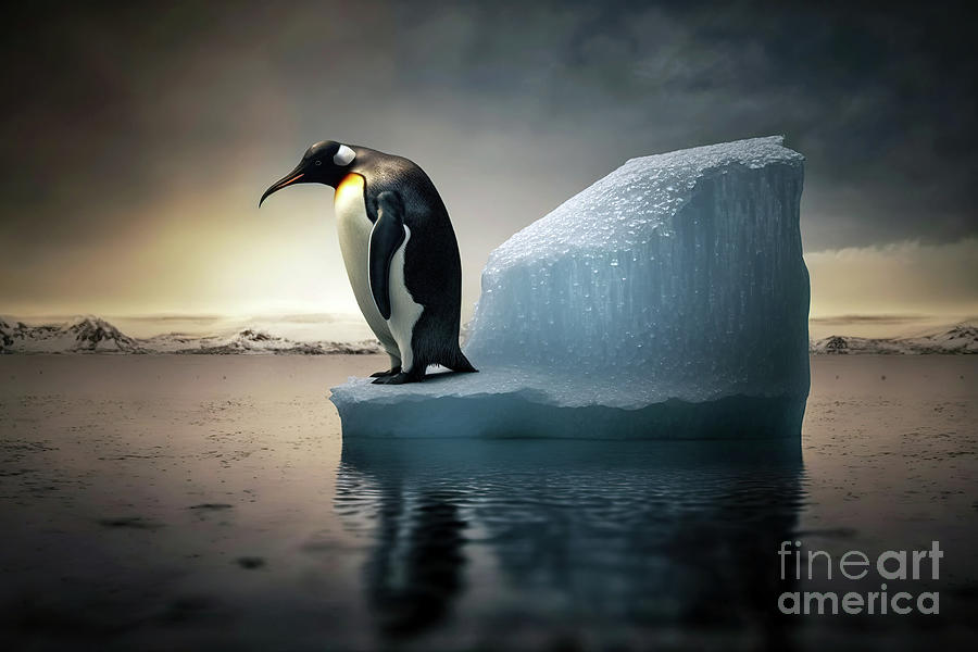 A lone penguin on a small block of ice cut off by melting. Ai ge ...