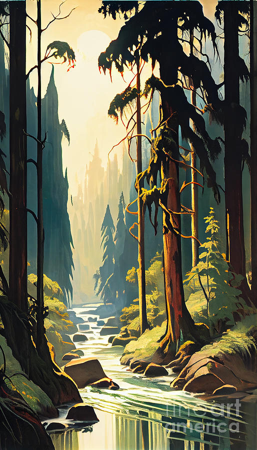 A misty forest landscape with tall trees by Asar Studios Digital Art by ...