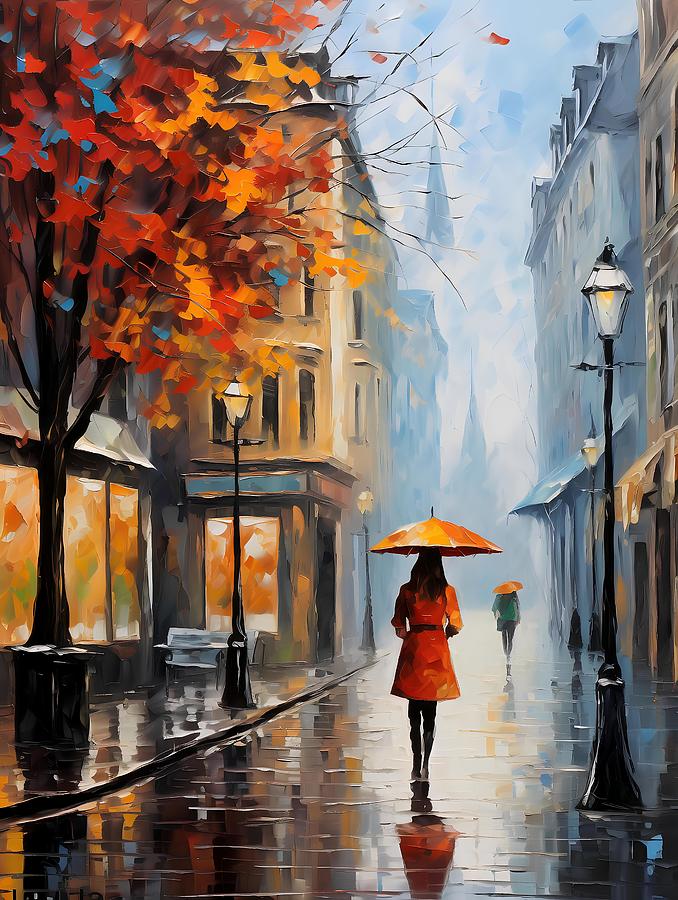 A Painting Of A Woman With An Umbrella In The Rain, In The Style Of ...