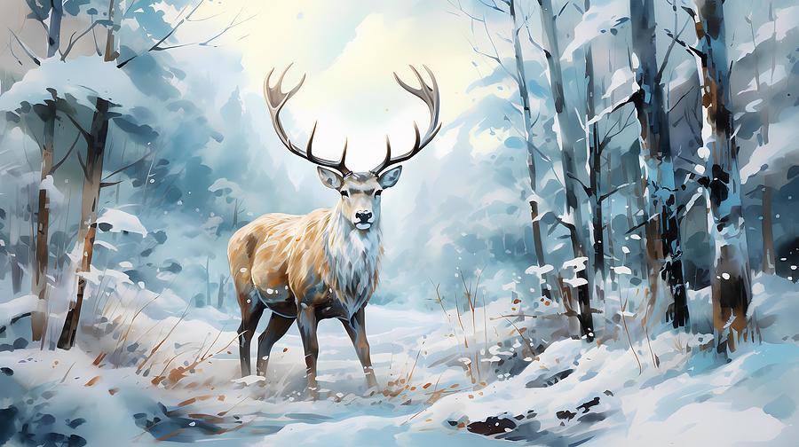 A Painting Showing A Deer In The Forest In Snow, In The Style Of ...
