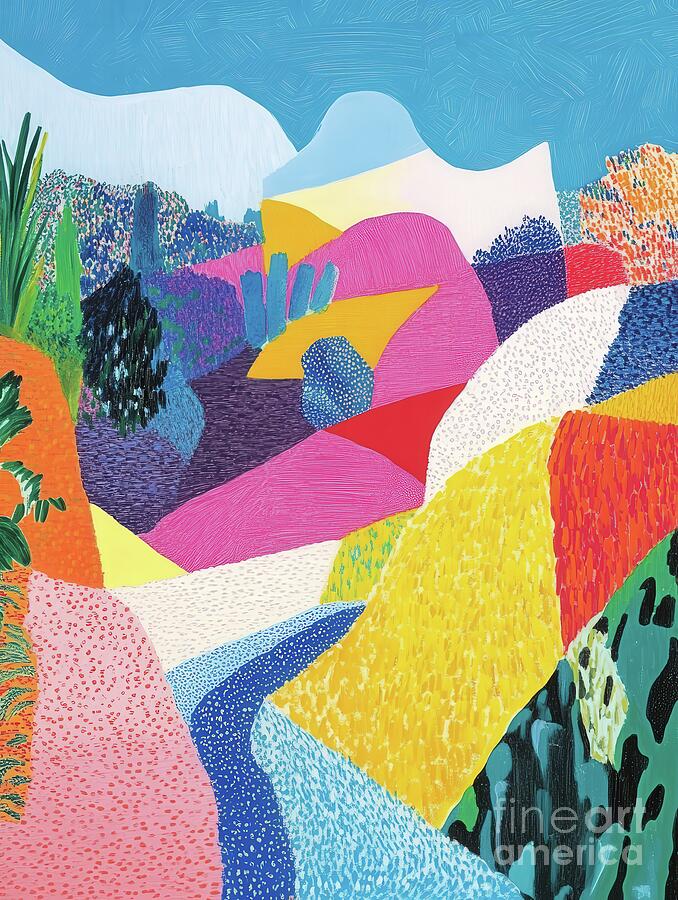 A vibrant landscape features an array of bold - David Hockney Digital ...