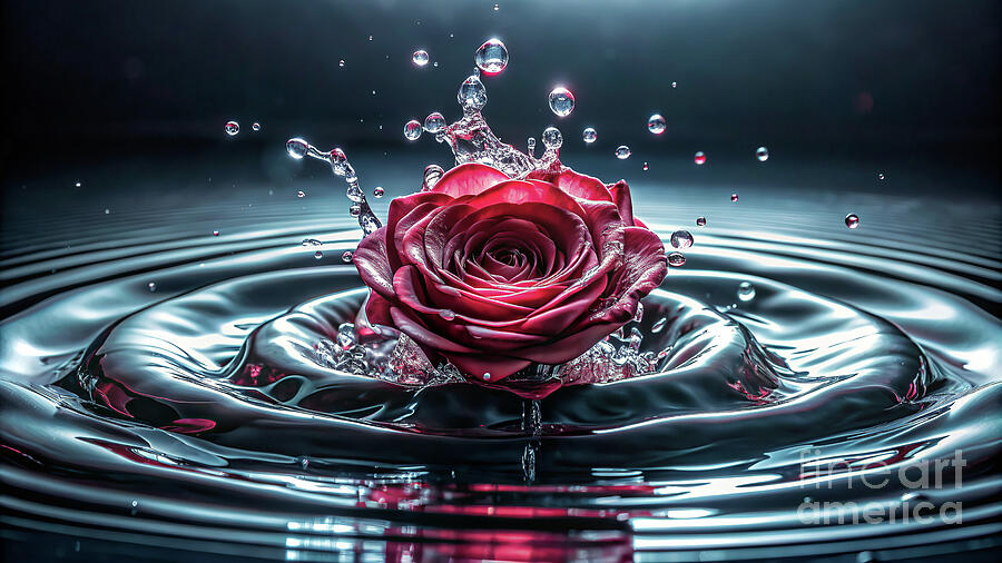 A vibrant red rose appears to float on the surface of dark, rippling ...
