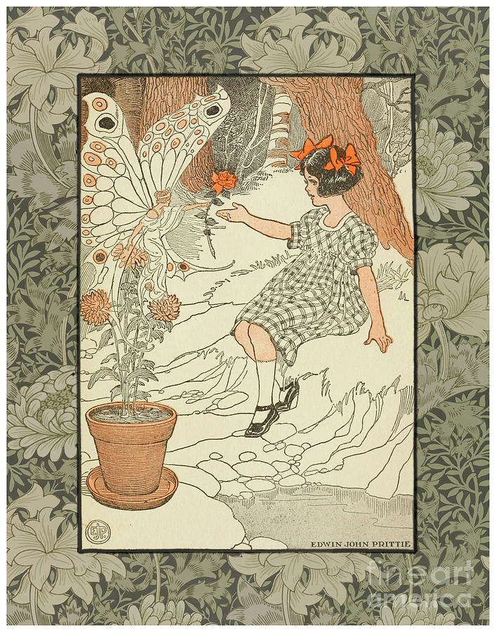 A young girl sits on a knoll, a fairy hands her a lovely rose 1921 ...