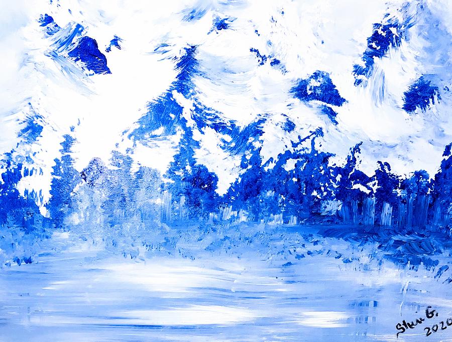 Abstract Blue Snow covered Mountains Painting by Sheri Goodyear - Pixels