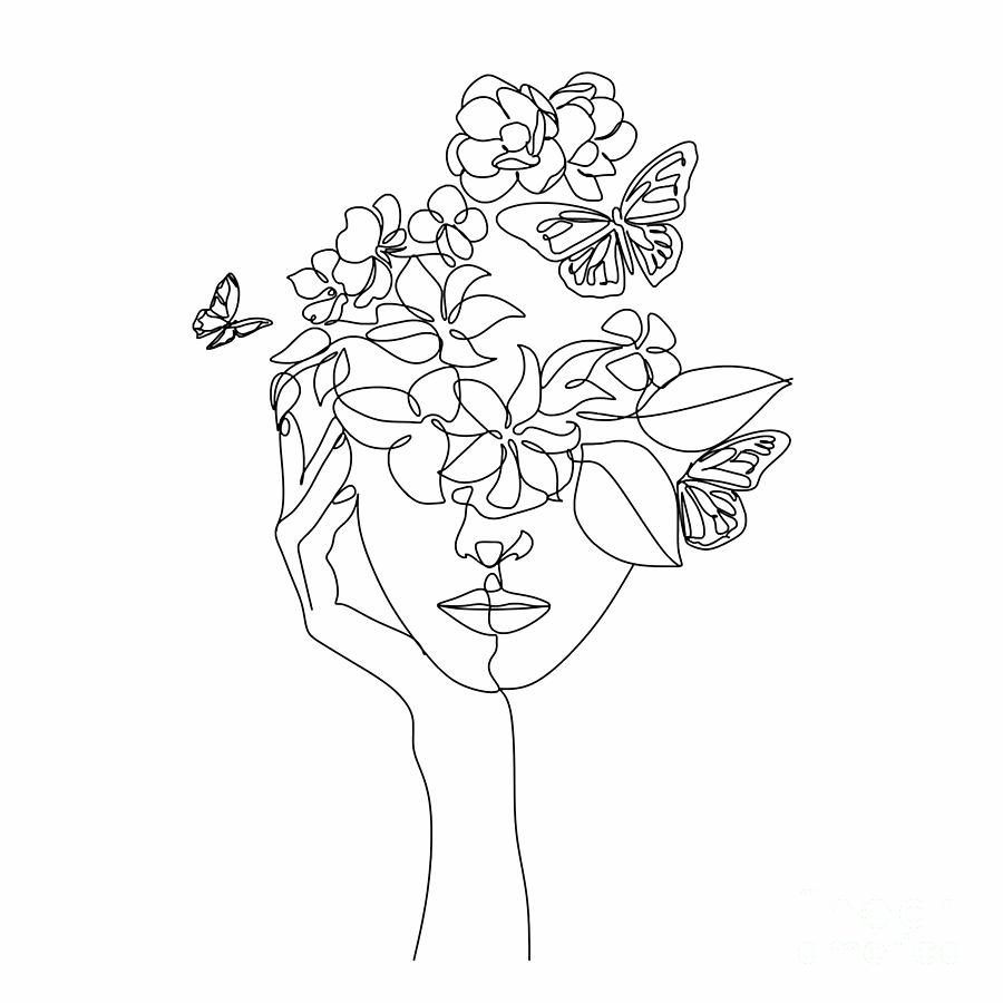 Abstract Face With Flowers By One Line Vector Drawing Portrait Minimalistic Style Botanical