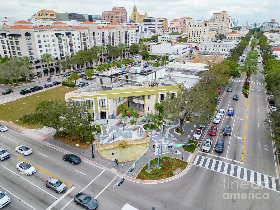 Aerial photo historic fountain Miracle Mile Coral Gables Miami Photograph by Felix Mizioznikov ...
