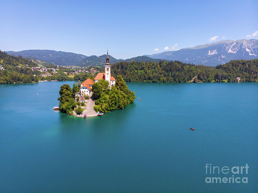 Aerial view of beautiful Lake Bled in the middle of the charming ...