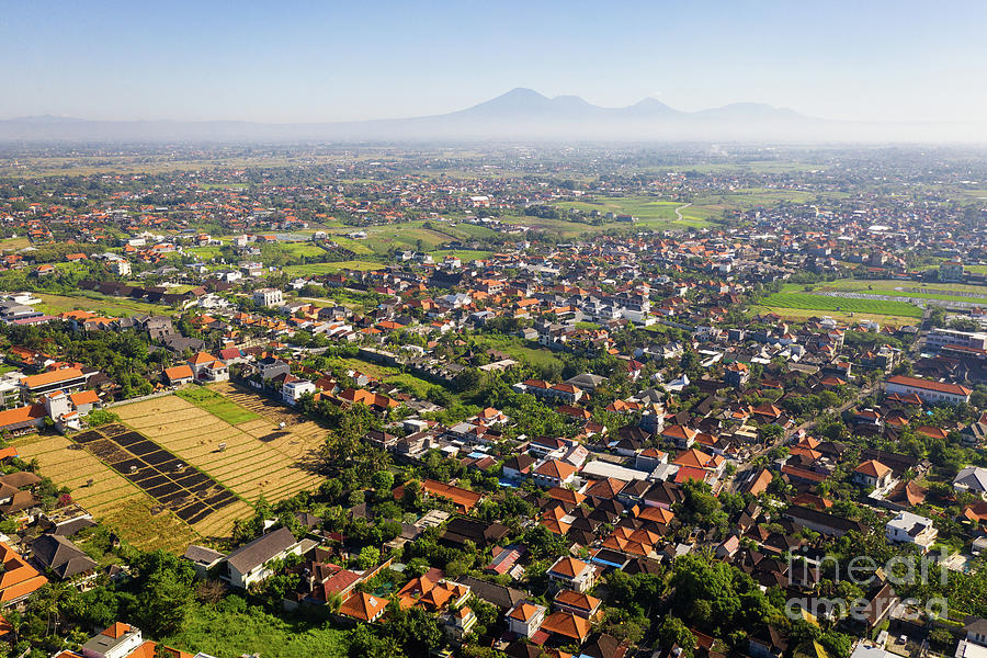 Aerial view of the Canggu, a fancy aera among rice paddies in no ...