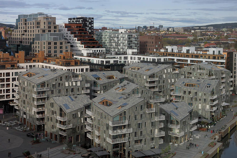 Aerial view of the Sentrum area in Oslo, Norway, with barcode buildings ...