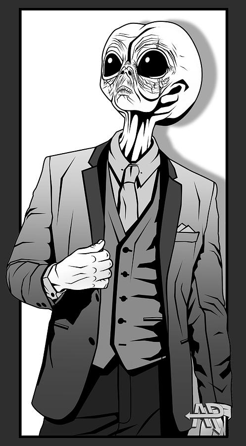 Alien In Suit Black And White Digital Art by Andy and Michelle's - Pixels