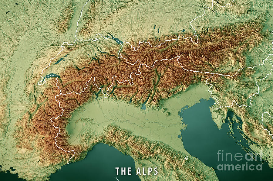 Alps Mountain Range 3D Render Topographic Map Dark Ocean Color B by Frank Ramspott