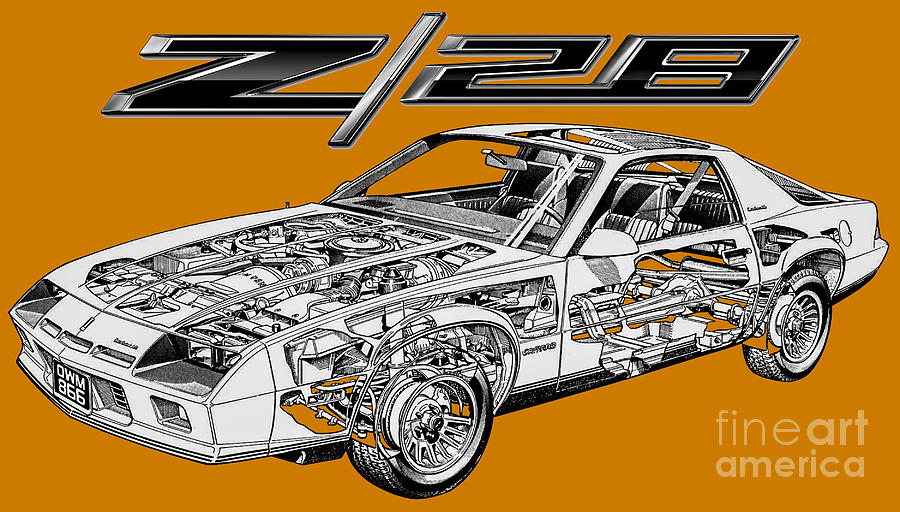 American muscle car Chevrolet Camaro Berlinetta Z28 with big V8 engine. Cutaway automotive art ...