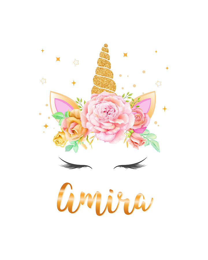 Amira Name Unicorn Horn with flower wreath and Gold Glitter, Unicorn ...