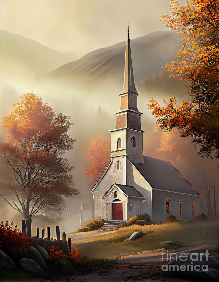 An Illustration of painting style autumn landscape, with a church in ...