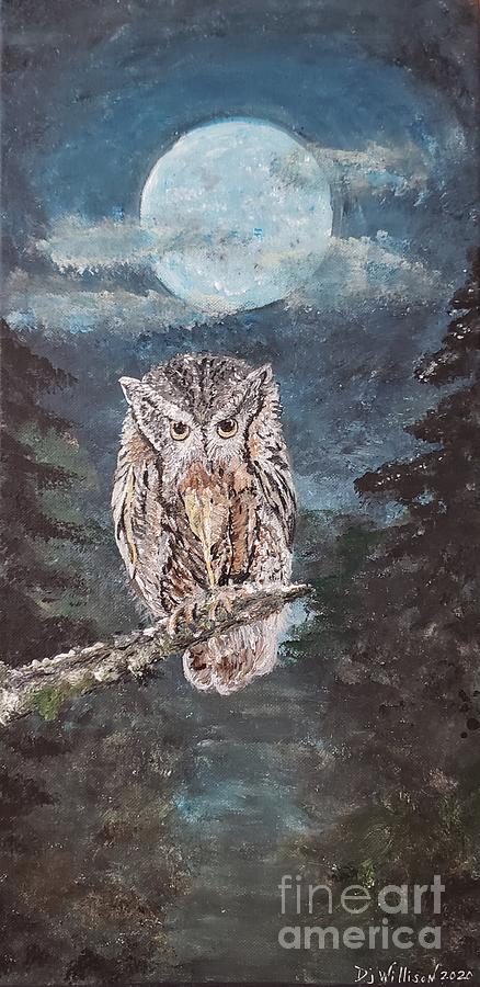 An Owl Under a Blue Moon Painting by Deborah Willison - Pixels