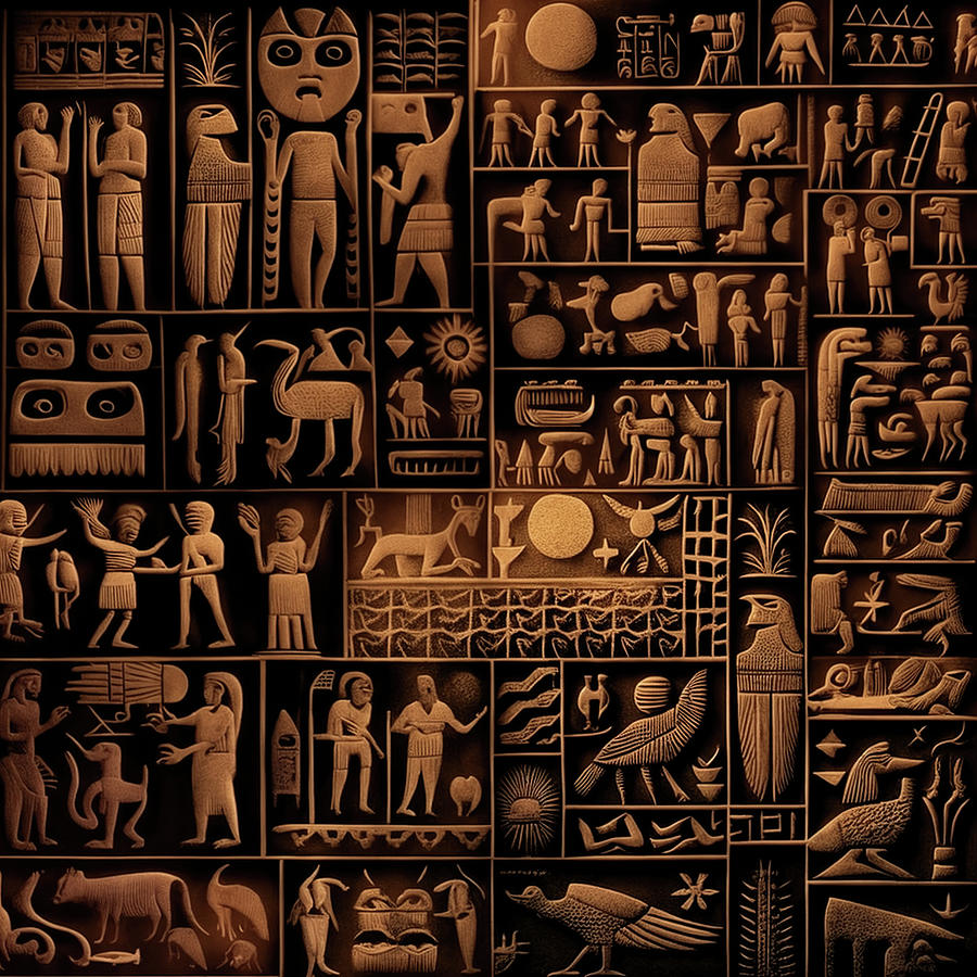 Ancient Sumerian pictographs of olden rituals and people a black and ...