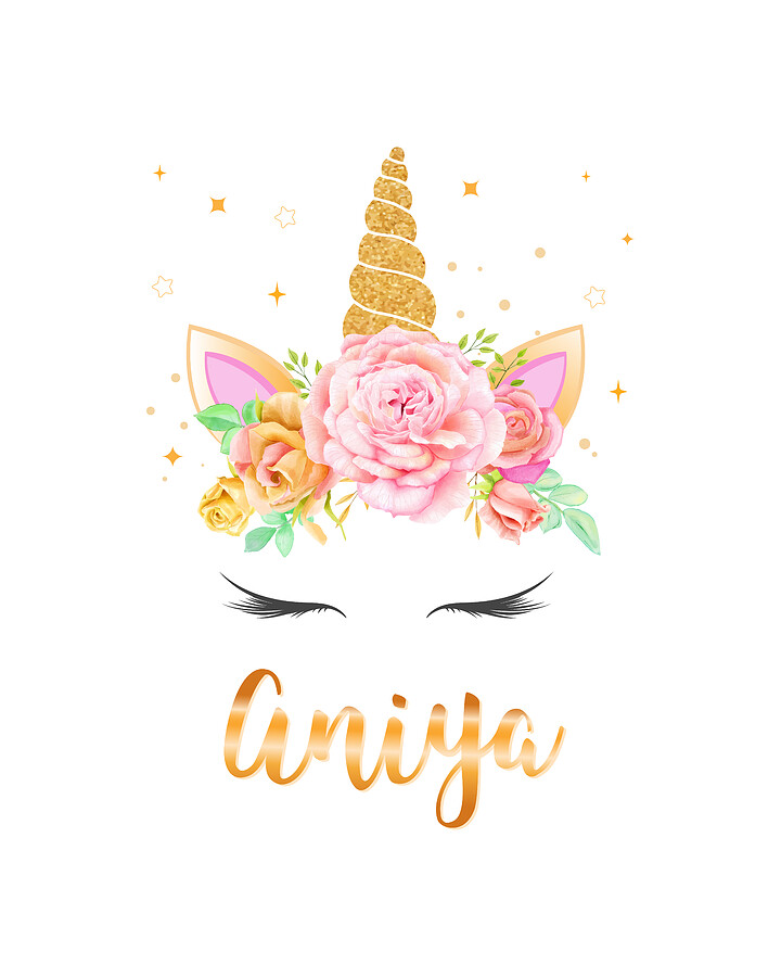 Aniya Name Unicorn Horn with flower wreath and Gold Glitter, Unicorn face Digital Art by Elsayed ...