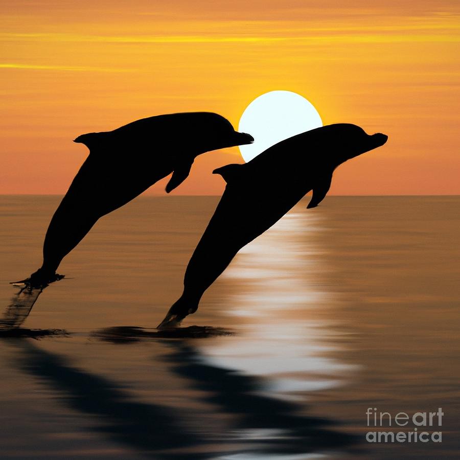 Artificial Intelligence Silhouette of 2 Dolphins leaping out of the Ocean at Sunrise 1 Digital ...