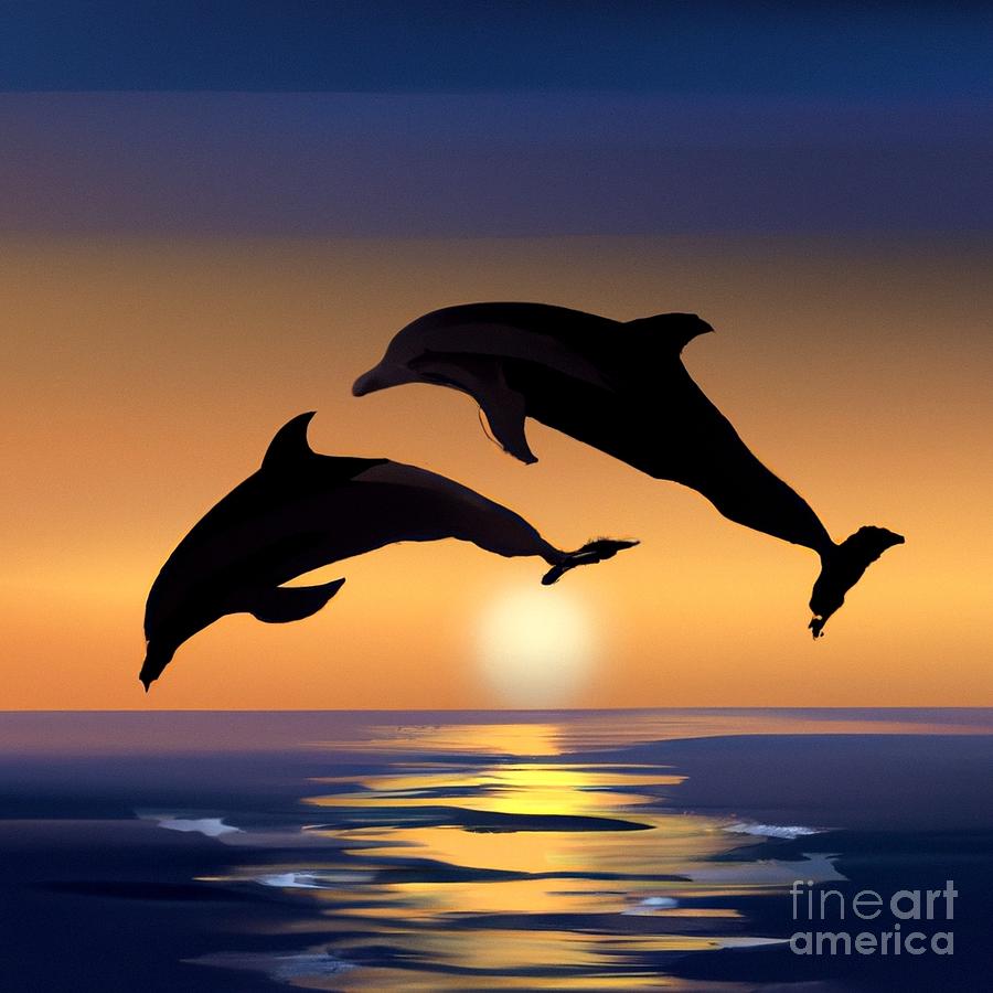 Artificial Intelligence Silhouette of 2 Dolphins leaping out of the Ocean at Sunrise 2 Digital ...