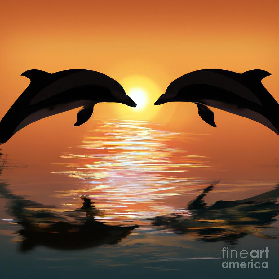 Artificial Intelligence Silhouette of 2 Dolphins leaping out of the Ocean at Sunrise 3 Digital ...