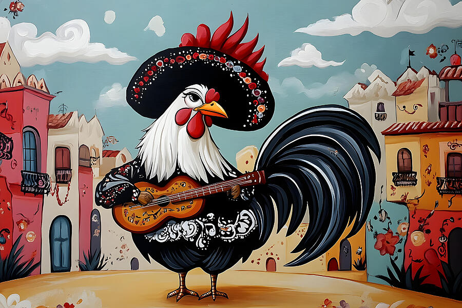 Artistic Rooster Playing Guitar in Colorful Village Digital Art by ...
